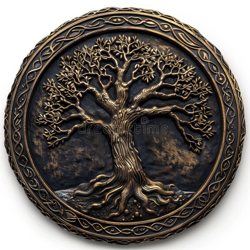 Bronze Shield Logo with a Tree on a White Background. 3d Rendering ...