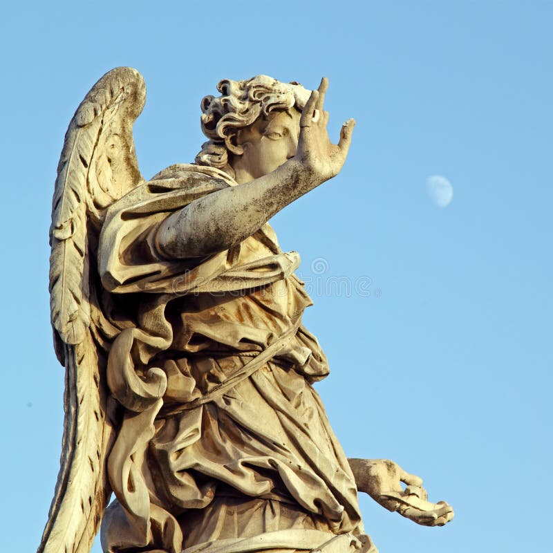 Bronze Statue of an Angel, in Rome, with a Pale Moon in the Sky Stock ...