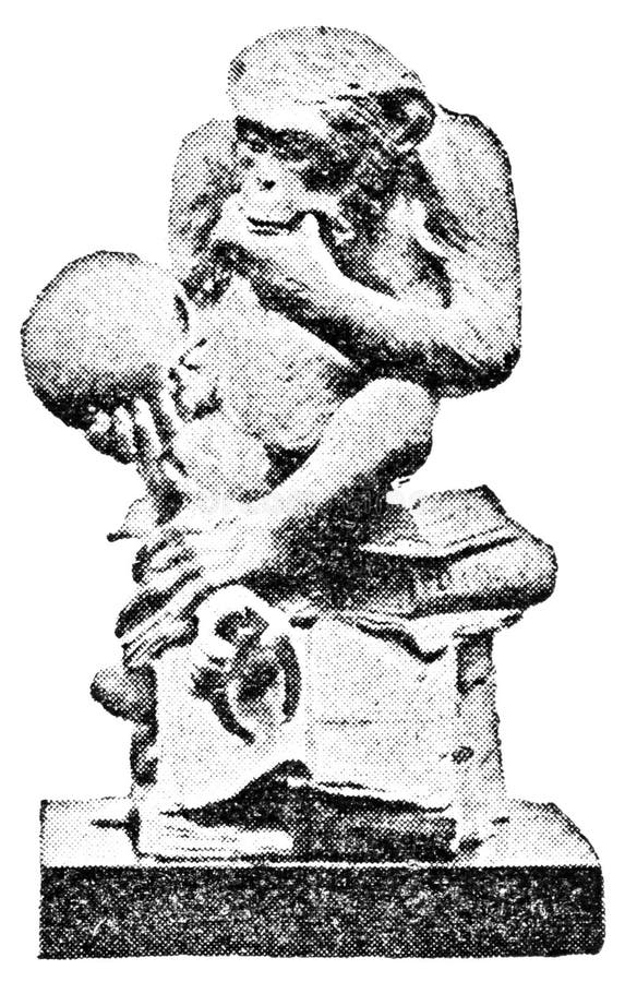 Bronze Statuette of a Monkey Looking at a Human Skull. Stock Photo ...