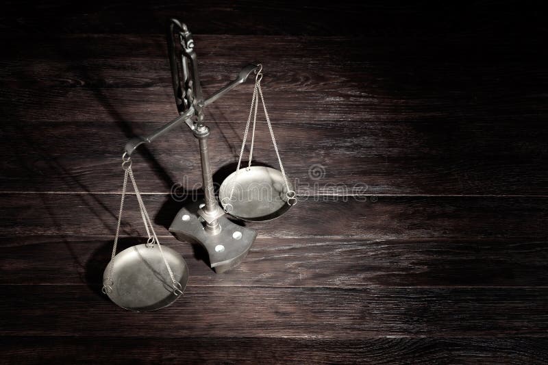 Bronze Traditional Balance Scale on Wooden Table Stock Image - Image of ...