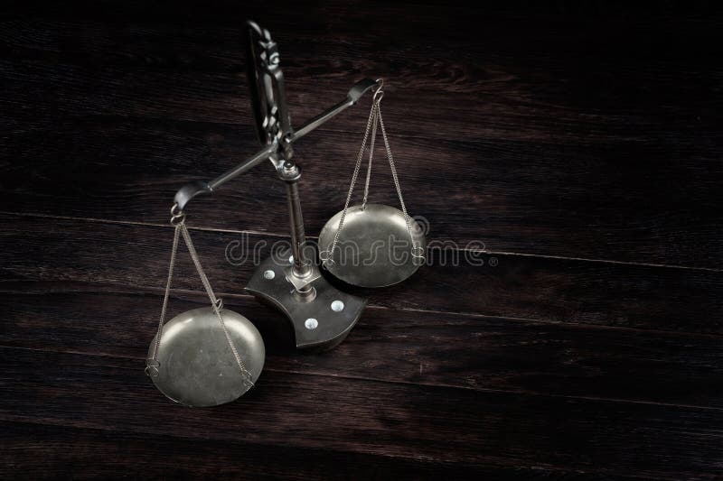Bronze Traditional Balance Scale on Wooden Table Stock Image - Image of ...