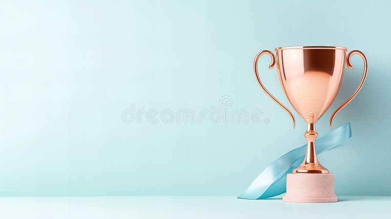 Bronze Trophy with Blue Ribbon on Light Blue Background Symbolizing ...