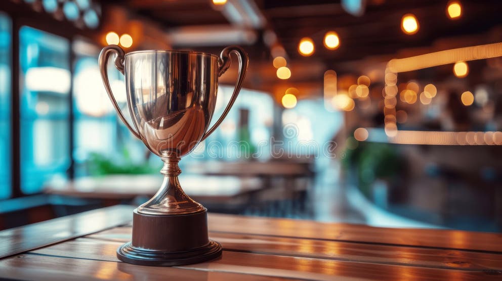 A Bronze Trophy Cup Highlighted Against a Bokeh Bar Backdrop Stock ...