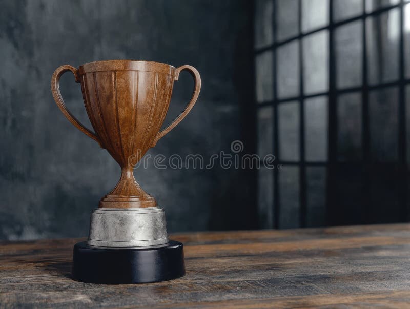 A Bronze Trophy Sits on a Wooden Table in Front of a Window. Stock ...