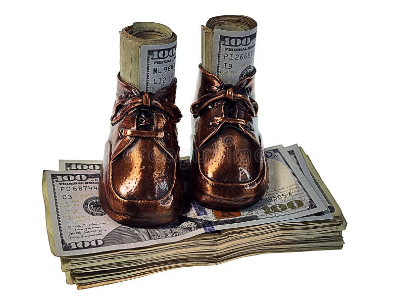 Bronzed Baby Shoes with a Stack of Money Stock Image - Image of saving ...