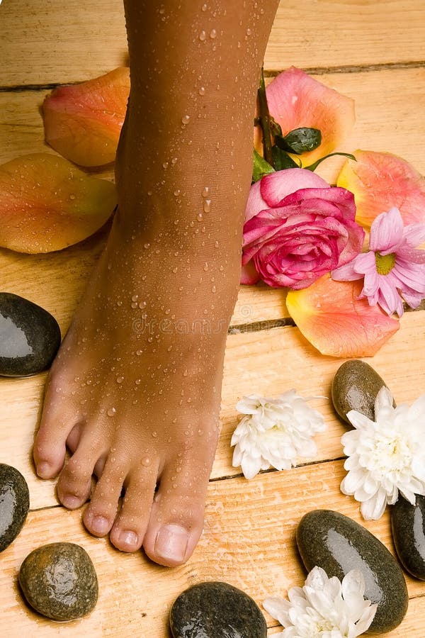 Bronzed Wet Foot on Board Floor Stock Image - Image of hygiene, pamper ...