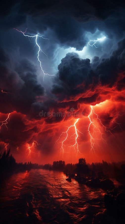 Brooding, Apocalyptic Atmosphere with Vivid Red Lightning in the Sky ...