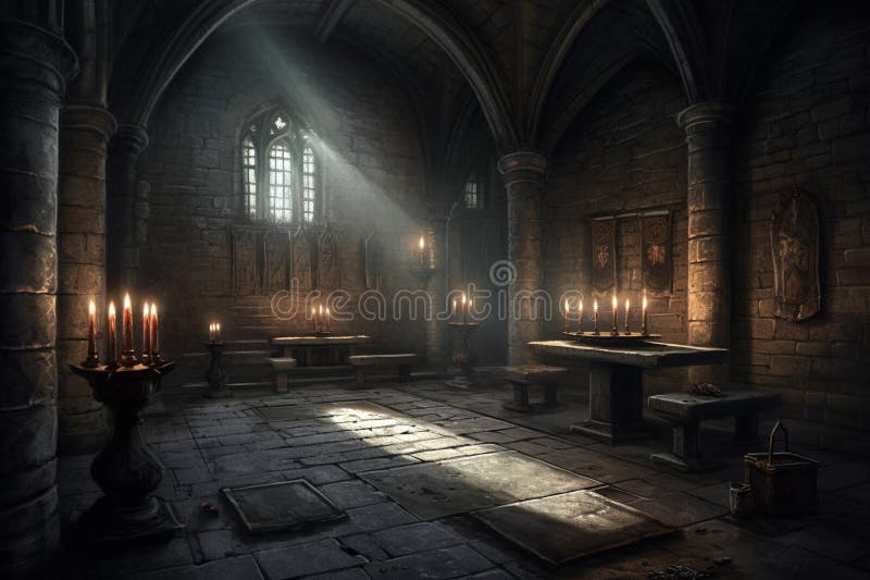 Brooding Castle Interior with Flickering Torches Stock Illustration ...