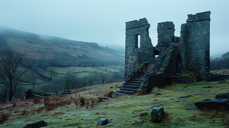 Brooding Monument, Dark Castle with Tower Stairs in the Valley ...