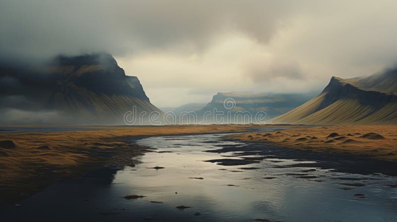 Brooding Mountains Overlooking a Dark Riverbed at Dusk Stock Image ...