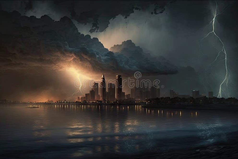 Brooding Storm Clouds Above the City, with Lightning Striking the Water ...