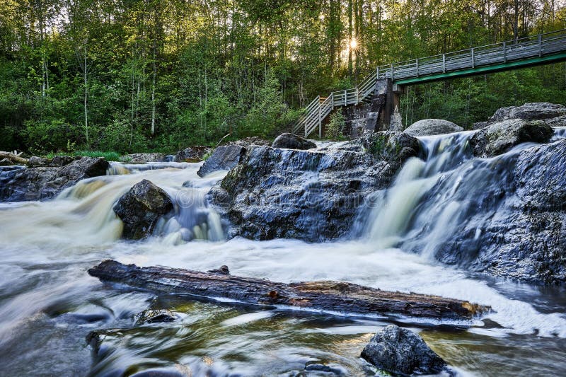 Brook Cascading Down Rocks Wooden Bridge Visible Distance Stock Photos ...