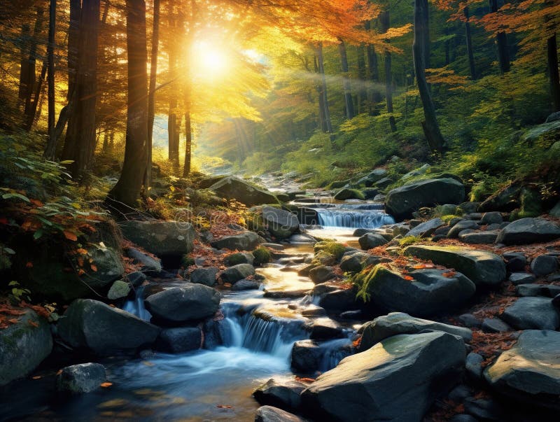 Brook in forest stock illustration. Illustration of fantasy - 293704915