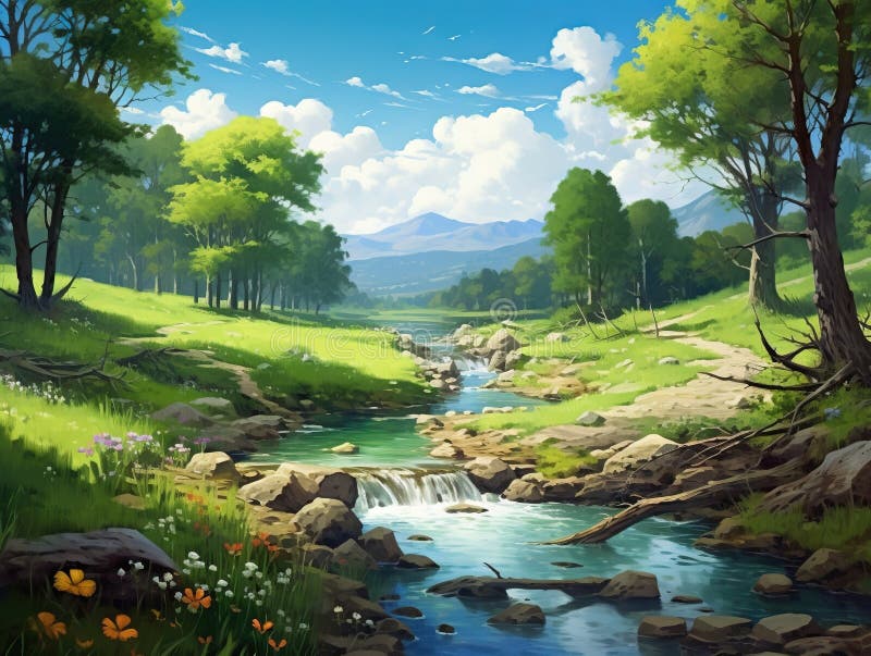 Ai Generated Illustration Wildlife Concept of Brook and Meadow and ...