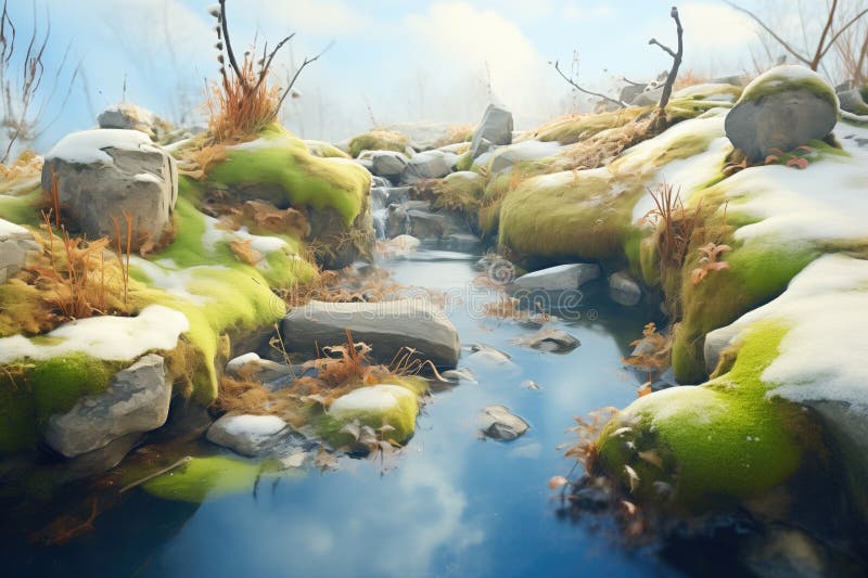 A Brook Meandering with Ice Caps on Small Boulders Stock Photo - Image ...