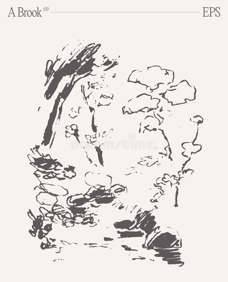 A Brook in the Woods. a Spring Sketch. Hand Drawn Vector Illustration ...