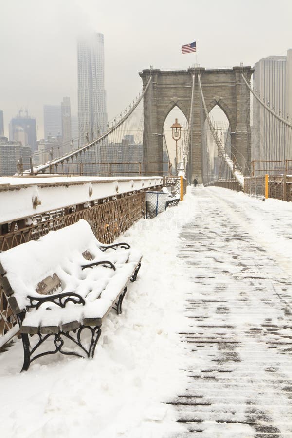 Brooklyn Bridge Bench in Snow Stock Photo - Image of landmarks ...