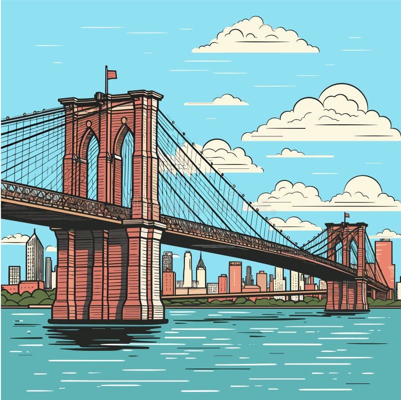 Brooklyn Bridge. Brooklyn Bridge Hand-drawn Comic Illustration. Vector ...