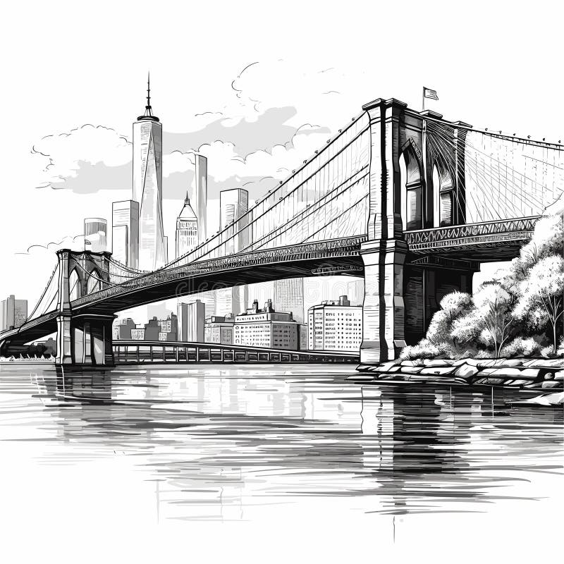 Brooklyn Bridge. Brooklyn Bridge Hand-drawn Comic Illustration. Vector ...