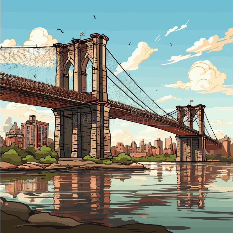 Brooklyn Bridge. Brooklyn Bridge Hand-drawn Comic Illustration. Vector ...