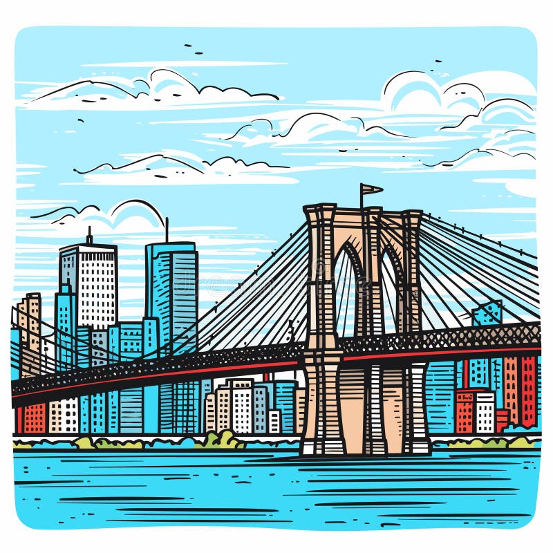 Brooklyn Bridge. Brooklyn Bridge Hand-drawn Comic Illustration. Vector ...