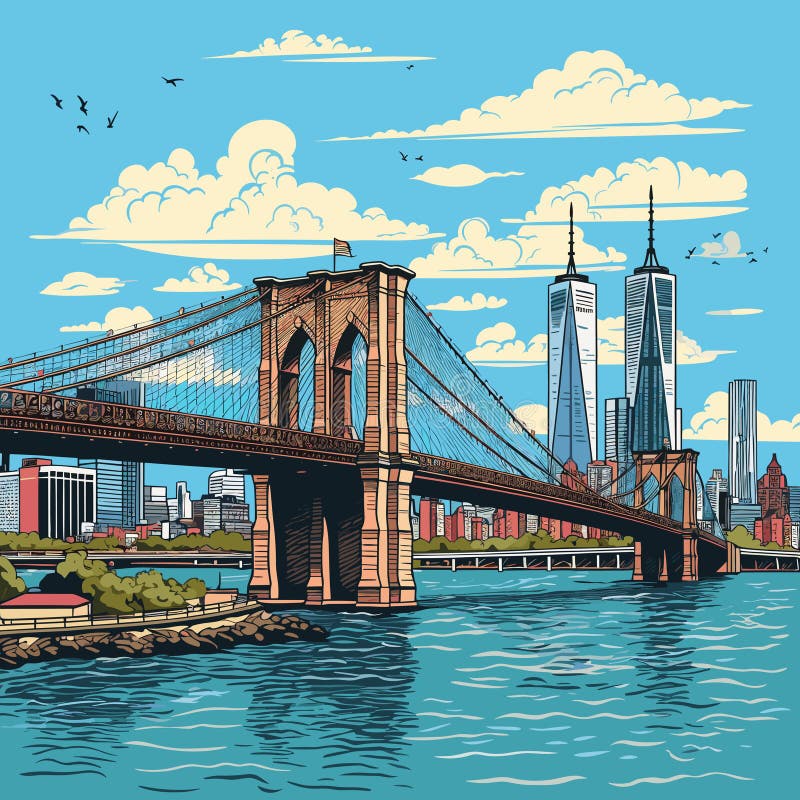Brooklyn Bridge. Brooklyn Bridge Hand-drawn Comic Illustration. Vector ...
