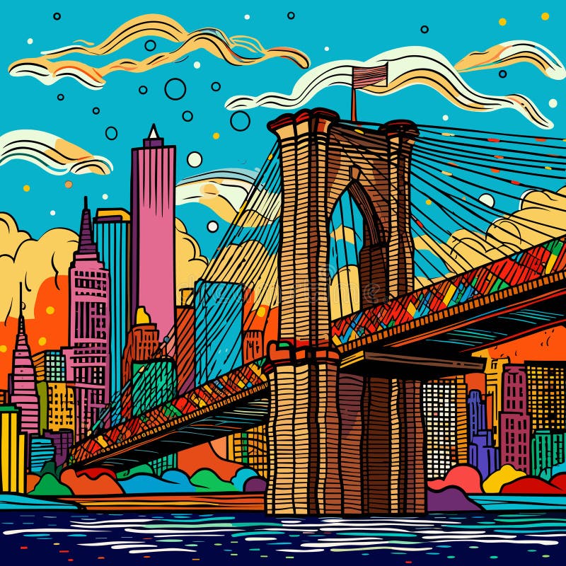 Brooklyn Bridge. Brooklyn Bridge Hand-drawn Comic Illustration. Vector ...