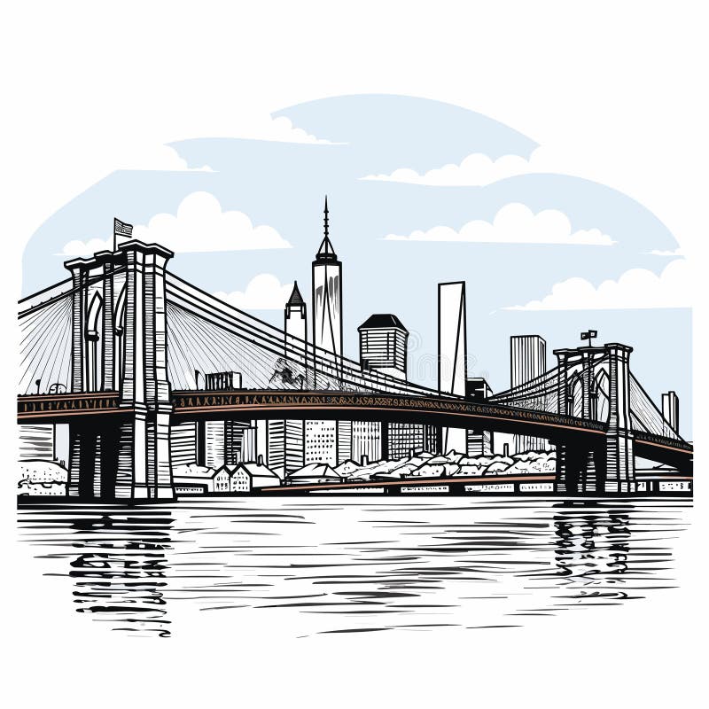 Brooklyn Bridge. Brooklyn Bridge Hand-drawn Comic Illustration. Vector ...