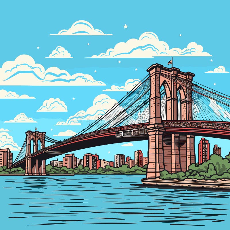 Brooklyn Bridge. Brooklyn Bridge Hand-drawn Comic Illustration. Vector ...