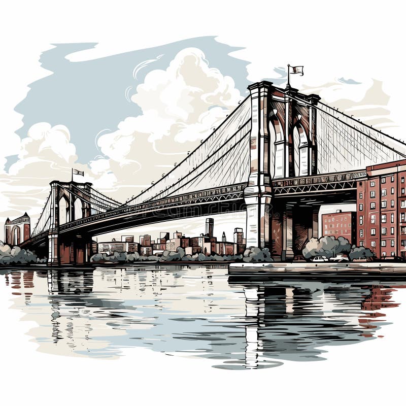 Brooklyn Bridge. Brooklyn Bridge Hand-drawn Comic Illustration. Vector Doodle Style Cartoon ...