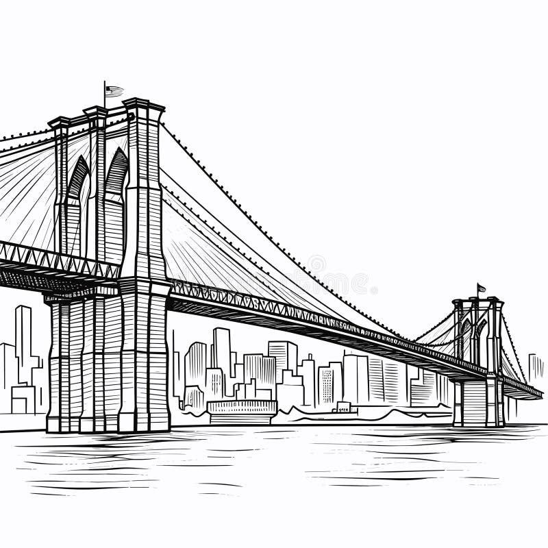 Brooklyn Bridge. Brooklyn Bridge Hand-drawn Comic Illustration. Vector ...