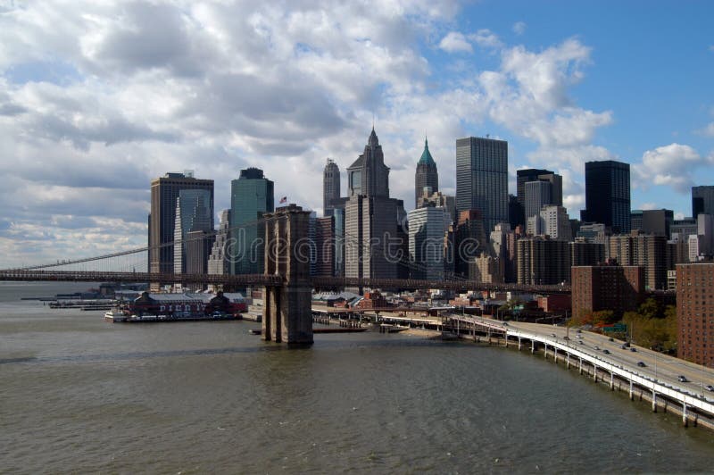 Brooklyn Bridge and Lower Manhattan Stock Photo - Image of water ...