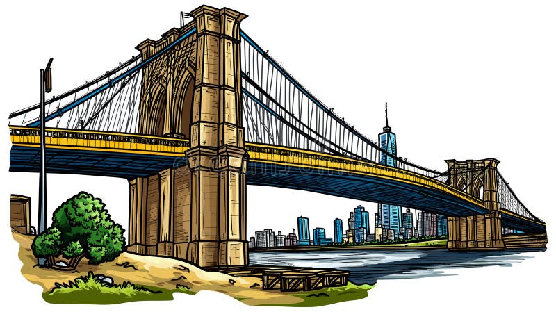 Brooklyn Bridge in New York. Vector Comic Hand-drawn Illustration of ...