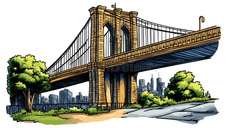Brooklyn Bridge in New York. Vector Comic Hand-drawn Illustration of ...