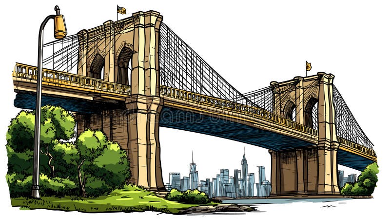 Brooklyn Bridge in New York. Vector Comic Hand-drawn Illustration of ...