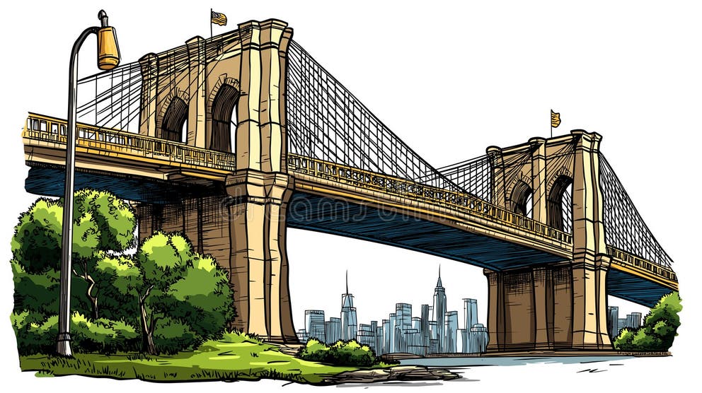 Brooklyn Bridge in New York. Vector Comic Hand-drawn Illustration of ...