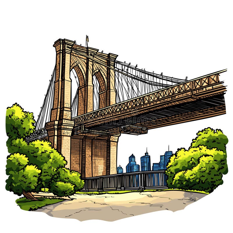 Brooklyn Bridge in New York. Vector Comic Hand-drawn Illustration of ...