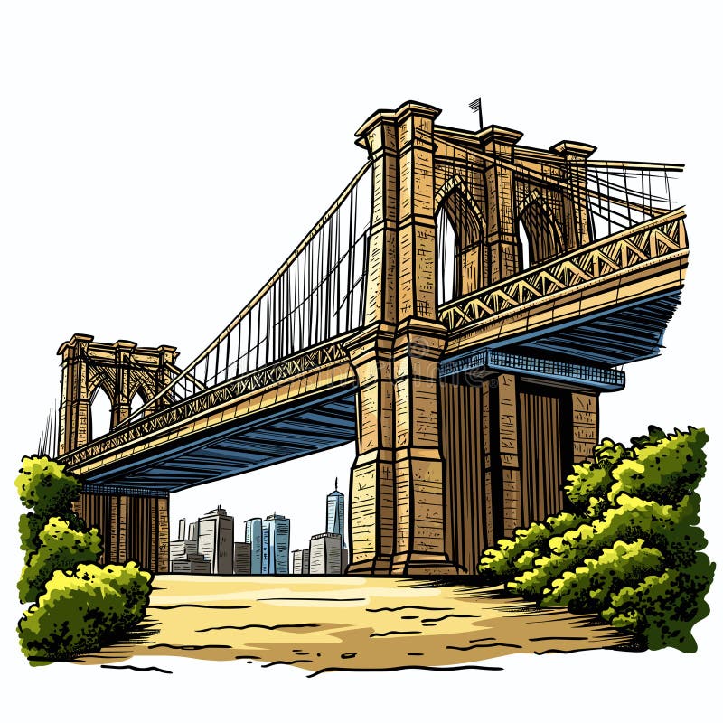 Brooklyn Bridge in New York. Vector Comic Hand-drawn Illustration of ...
