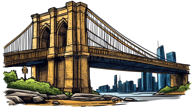 Brooklyn Bridge in New York. Vector Comic Hand-drawn Illustration of ...