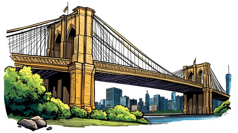 Brooklyn Bridge in New York. Vector Comic Hand-drawn Illustration of ...