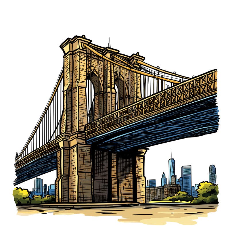 Brooklyn Bridge in New York. Vector Comic Hand-drawn Illustration of ...