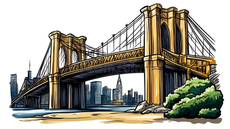 Brooklyn Bridge in New York. Vector Comic Hand-drawn Illustration of ...