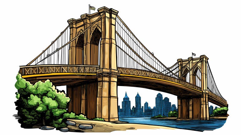 Brooklyn Bridge in New York. Vector Comic Hand-drawn Illustration of ...