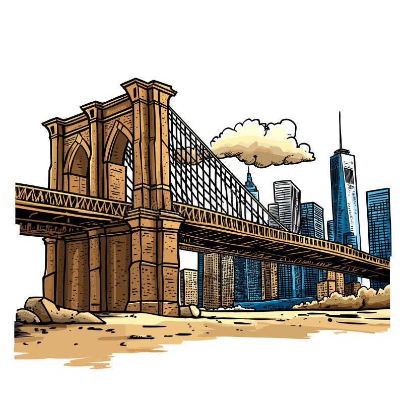 Brooklyn Bridge in New York. Vector Comic Hand-drawn Illustration of Brooklyn Bridge Stock ...