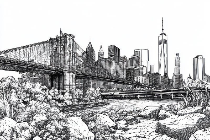 Brooklyn Bridge NYC Skyline Sketch Black White Drawing Stock ...