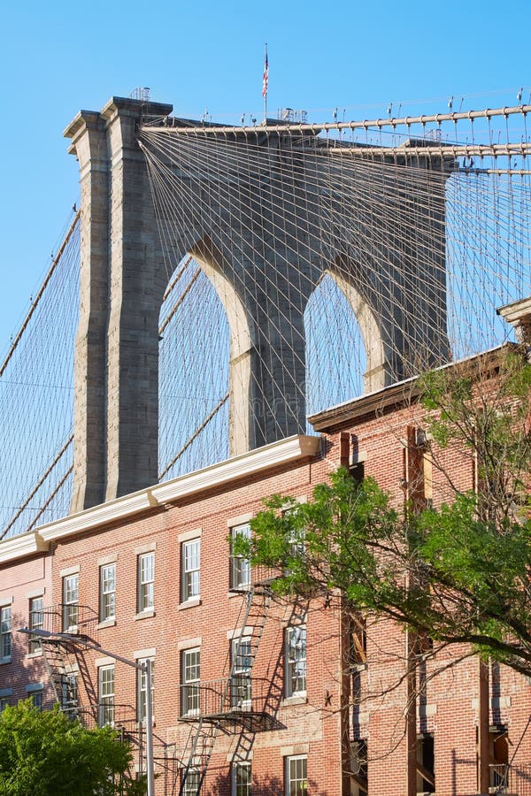 Brooklyn Bridge Pillar and New York Red Bricks Facades Stock Photo ...