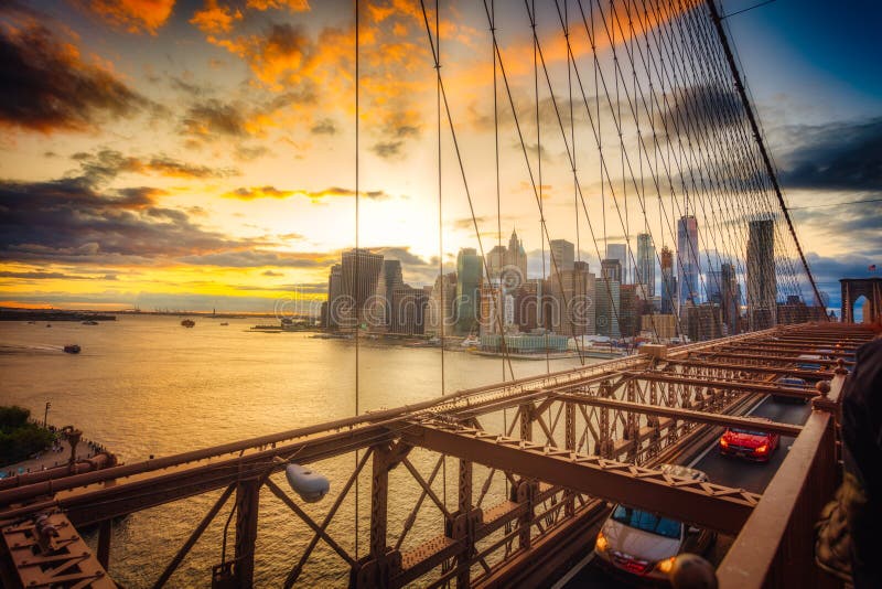 Brooklyn Bridge at sunset editorial stock photo. Image of sunset ...