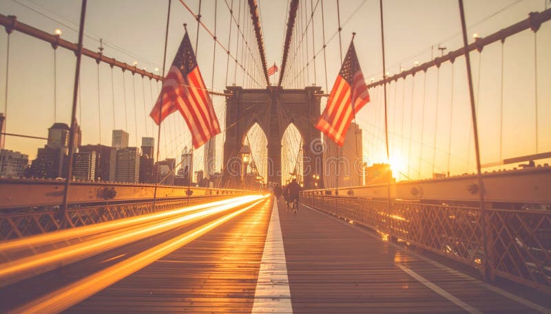 Brooklyn Bridge Surrounded with American Flags. Generated Image Stock ...