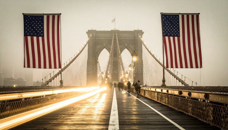 Brooklyn Bridge Surrounded with American Flags. Generated Image Stock ...