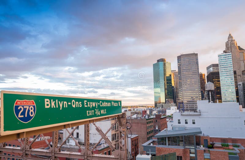 Brooklyn Bridge Traffic Sign and Downtown Manhattan Stock Photo - Image ...